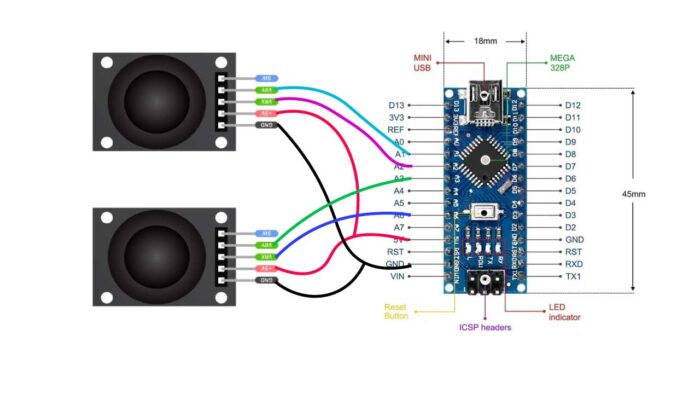 How to make a game controller using arduino nano and two joystick ...